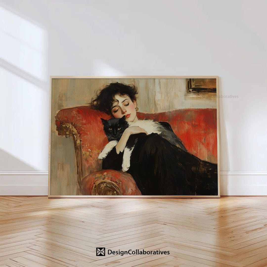 Vintage Woman and Cat Wall Art, Relaxing Woman Portrait, Retro Cat ...