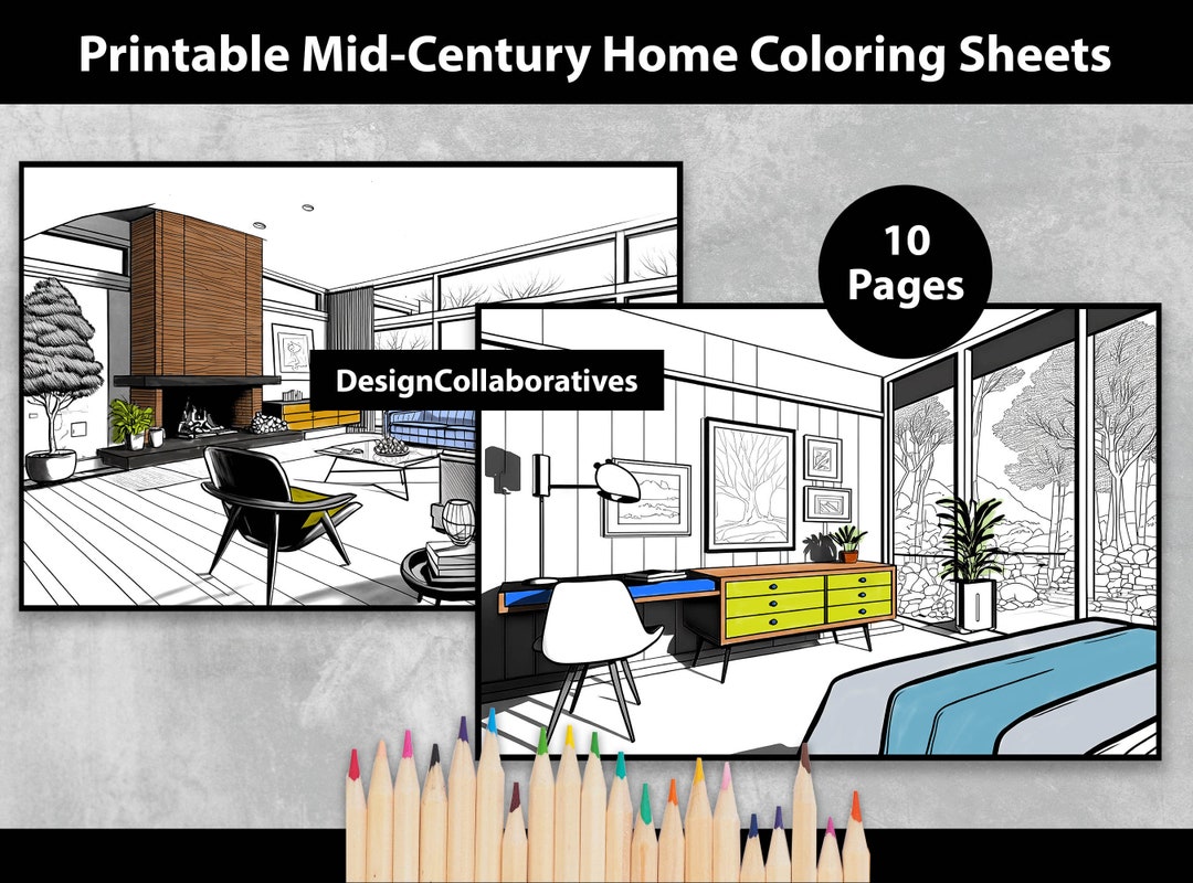 Mid-century Modern Home Adult Coloring Pages Relax and De-stress ...