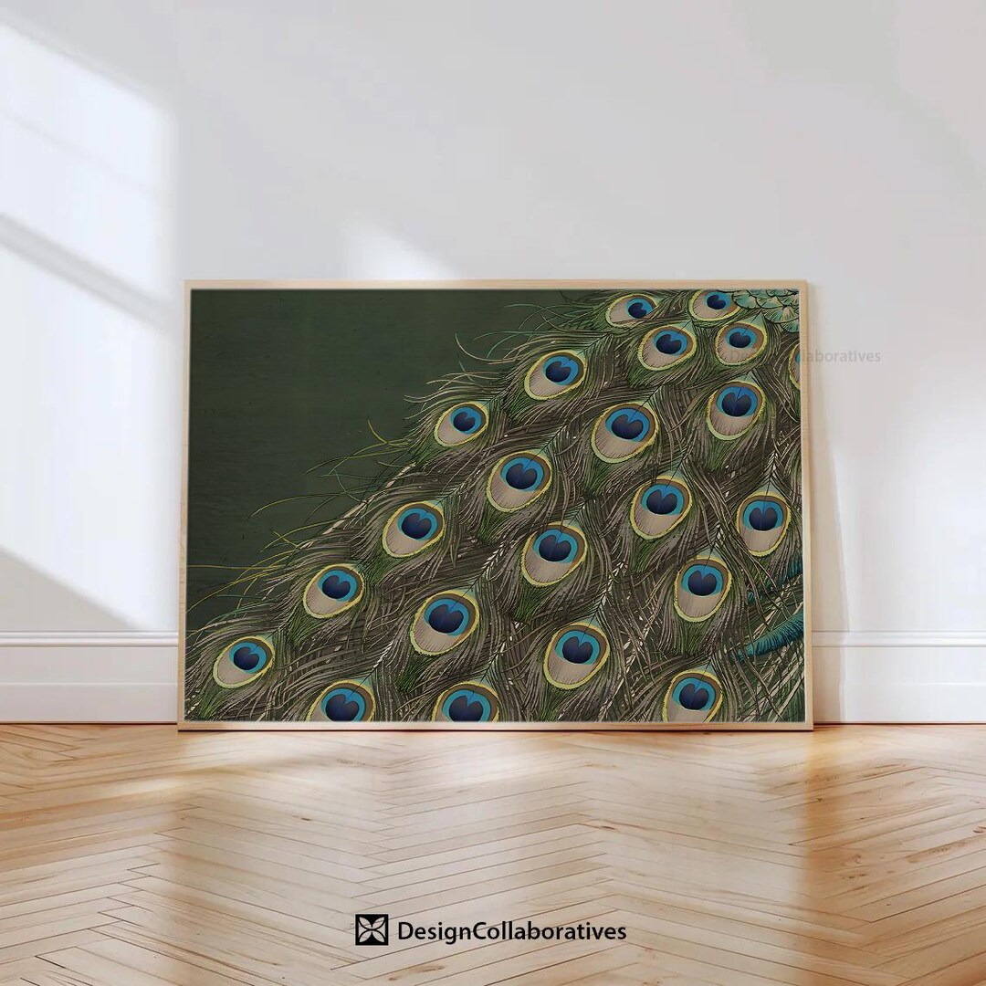 Peacock Tail Painting Printable, Dark Green Japandi Style Print ...