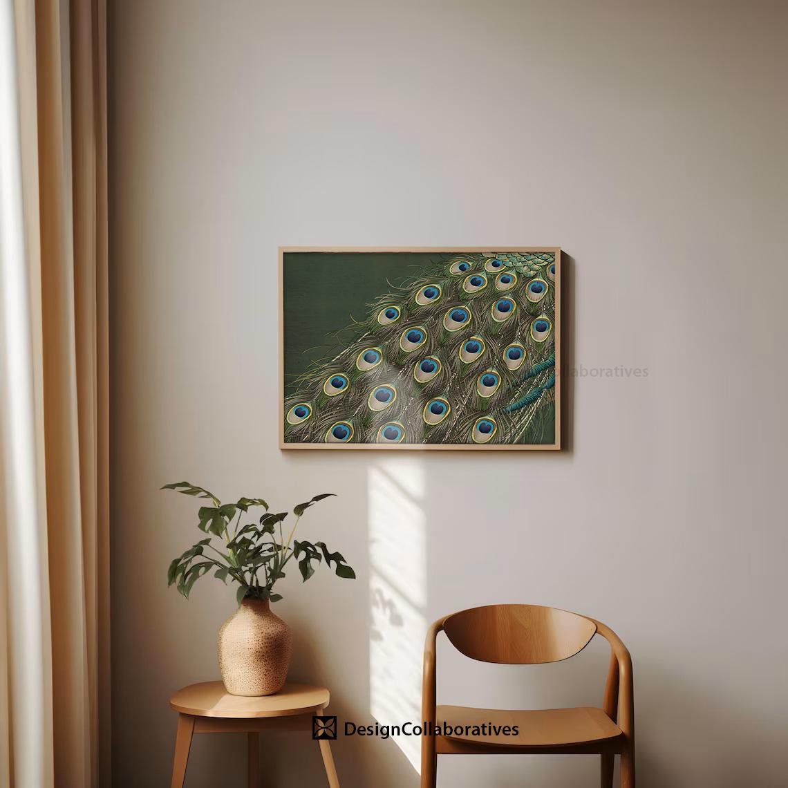 Peacock Tail Painting Printable, Dark Green Japandi Style Print ...