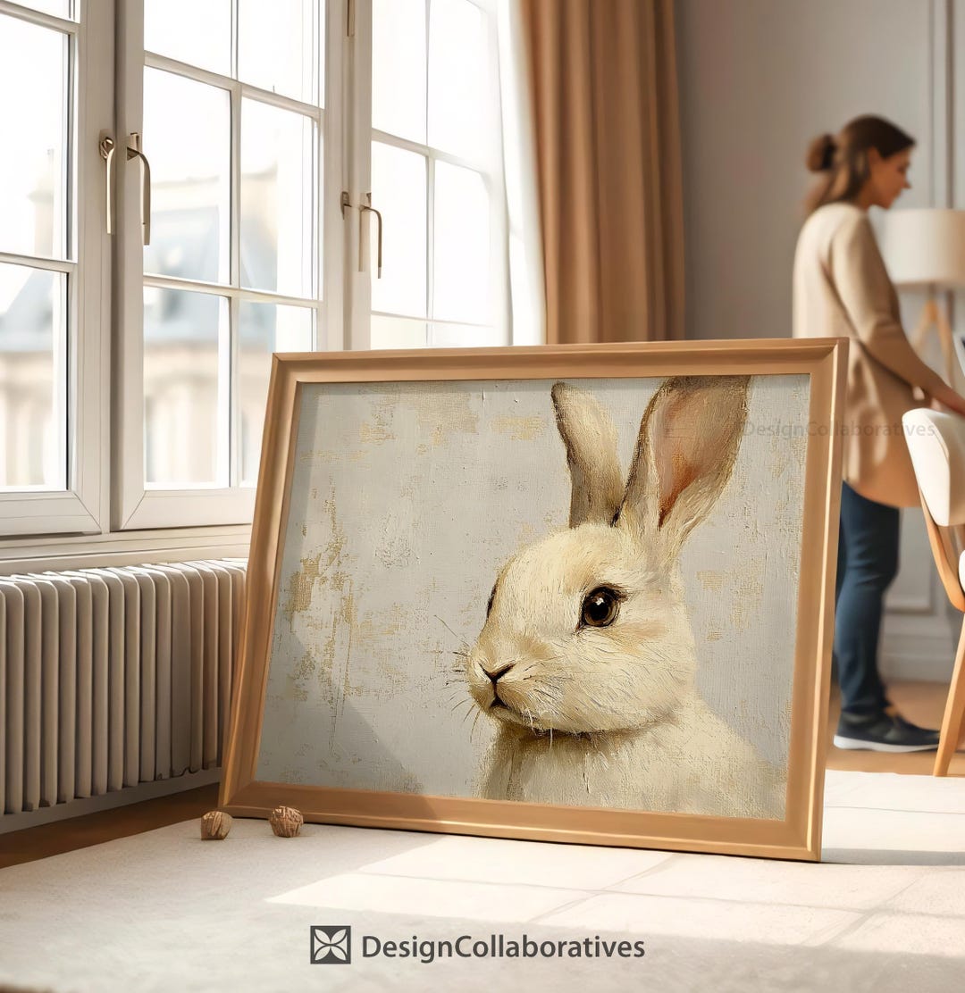 Vintage Easter Bunny Print, Muted Spring Rabbit Painting Printable Wall ...