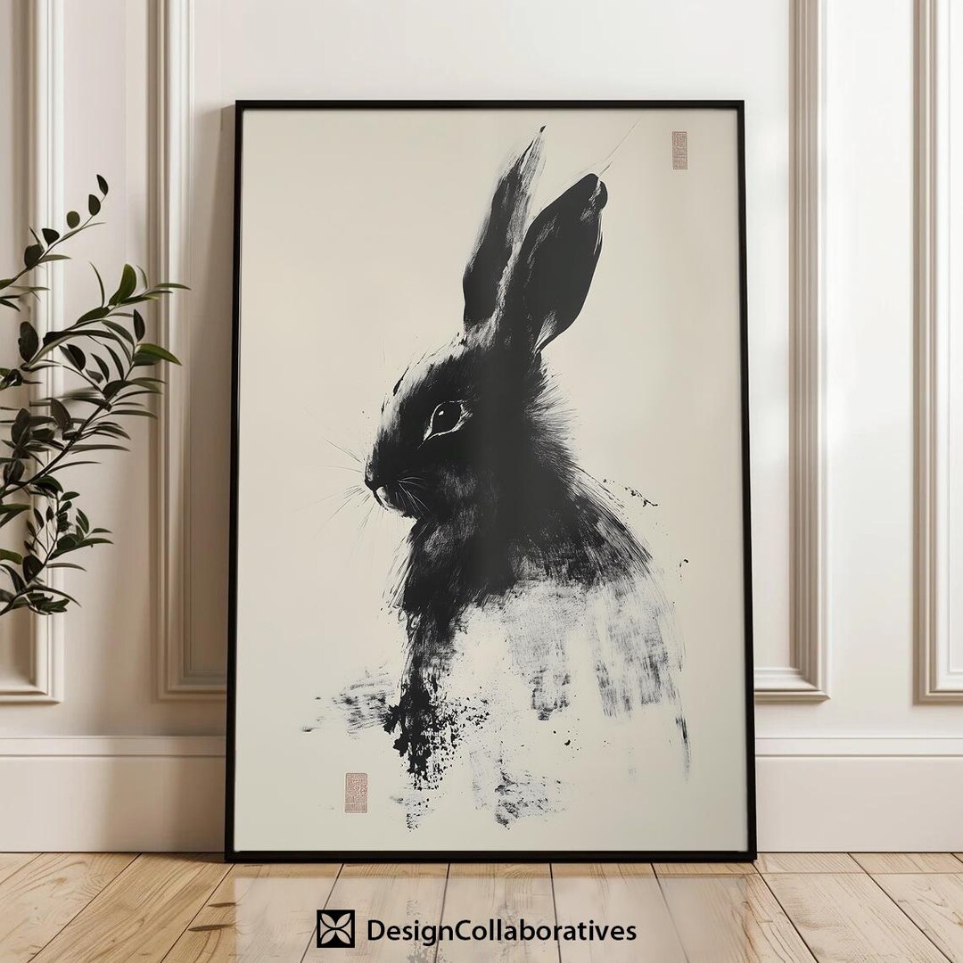 Japanese Sumi-e Bunny Print, Neutral Ink Rabbit Printable, Japanese ...