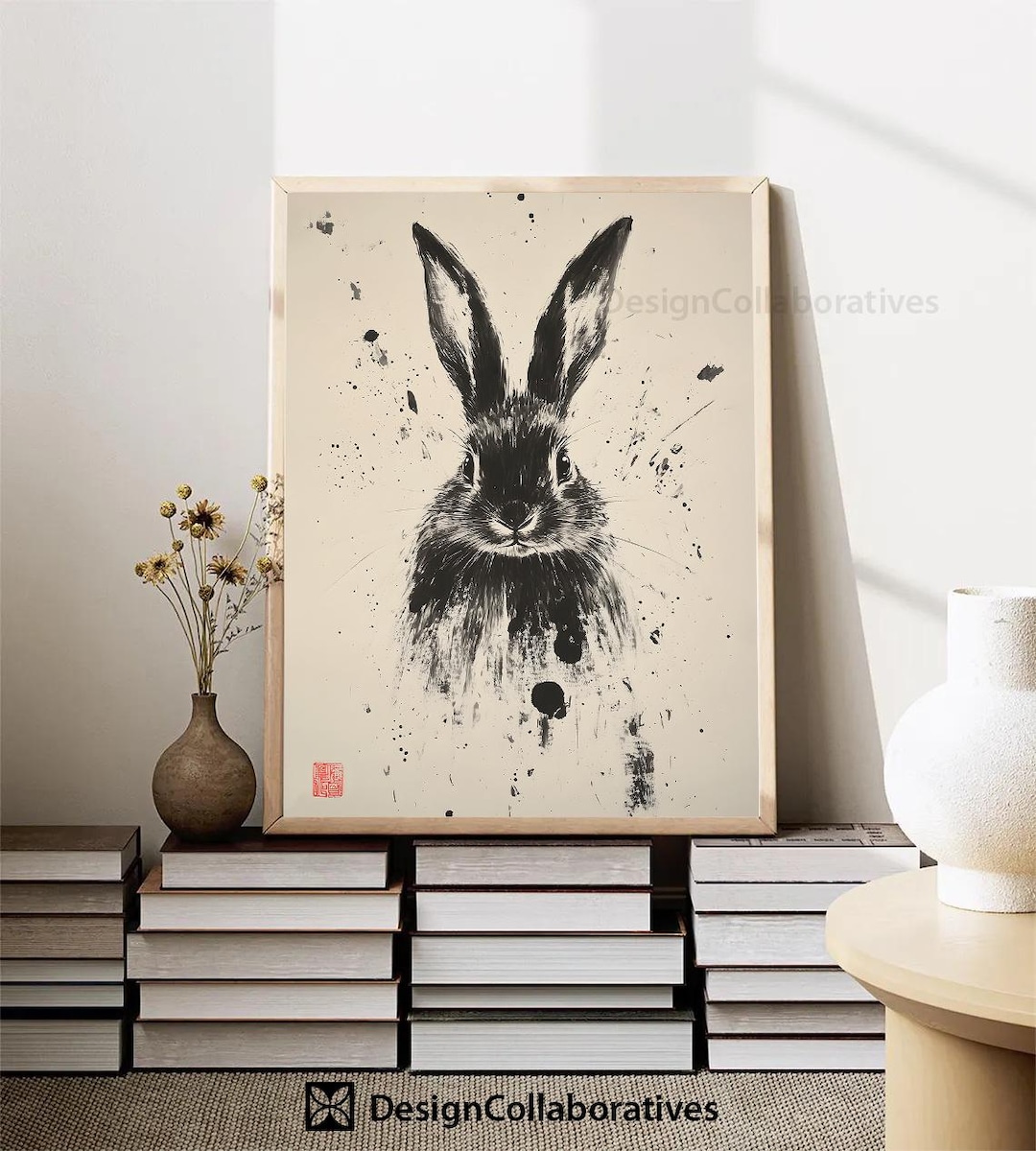 Japanese Sumi-e Bunny Print, Neutral Ink Rabbit Printable, Black and ...