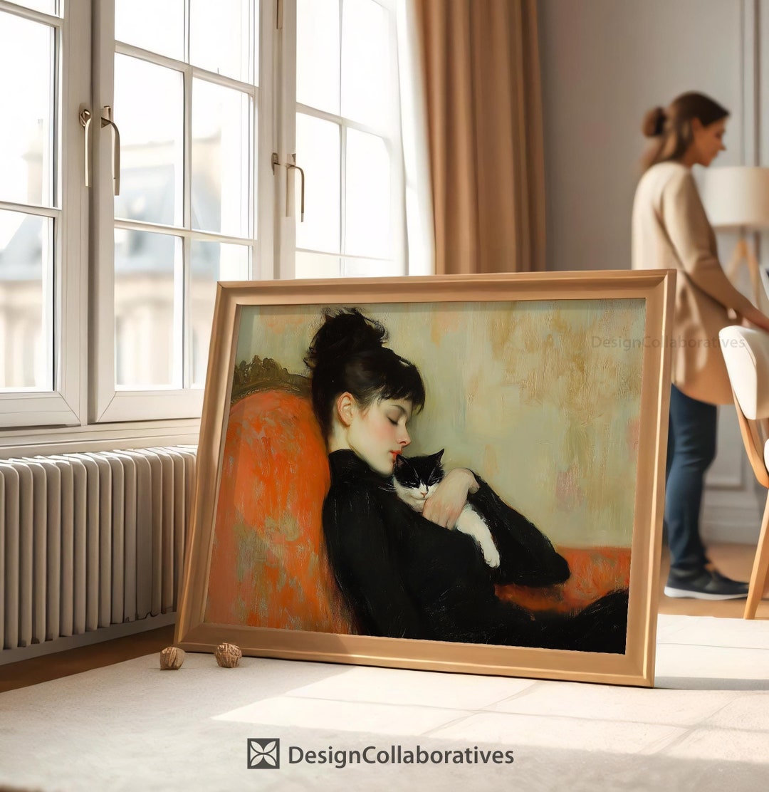 Vintage Woman Portrait With Cat Wall Art, Moody Woman Portrait, Cute ...