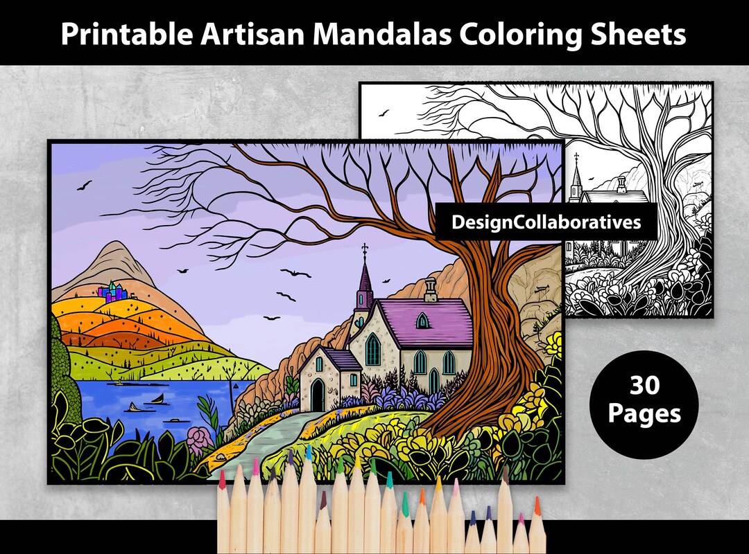 30 Landscape Scenery Coloring Pages Stress Relief Adult Coloring Sheets ...