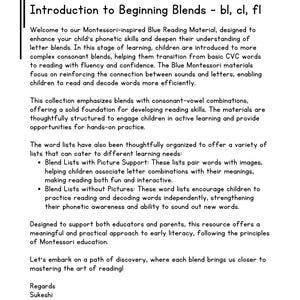 Montessori Beginning Blends Word Lists: Early Literacy, Phonetic ...