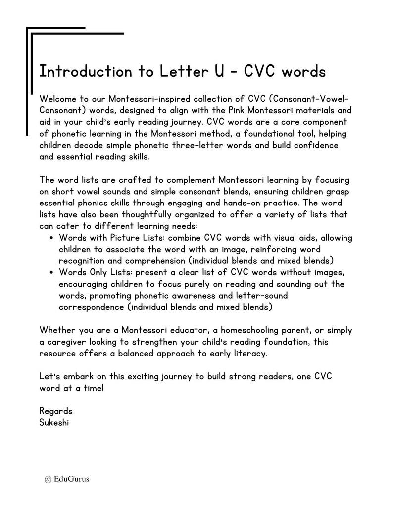 Montessori CVC Word Lists: Letter U, Phonetic Reading (digital Download ...
