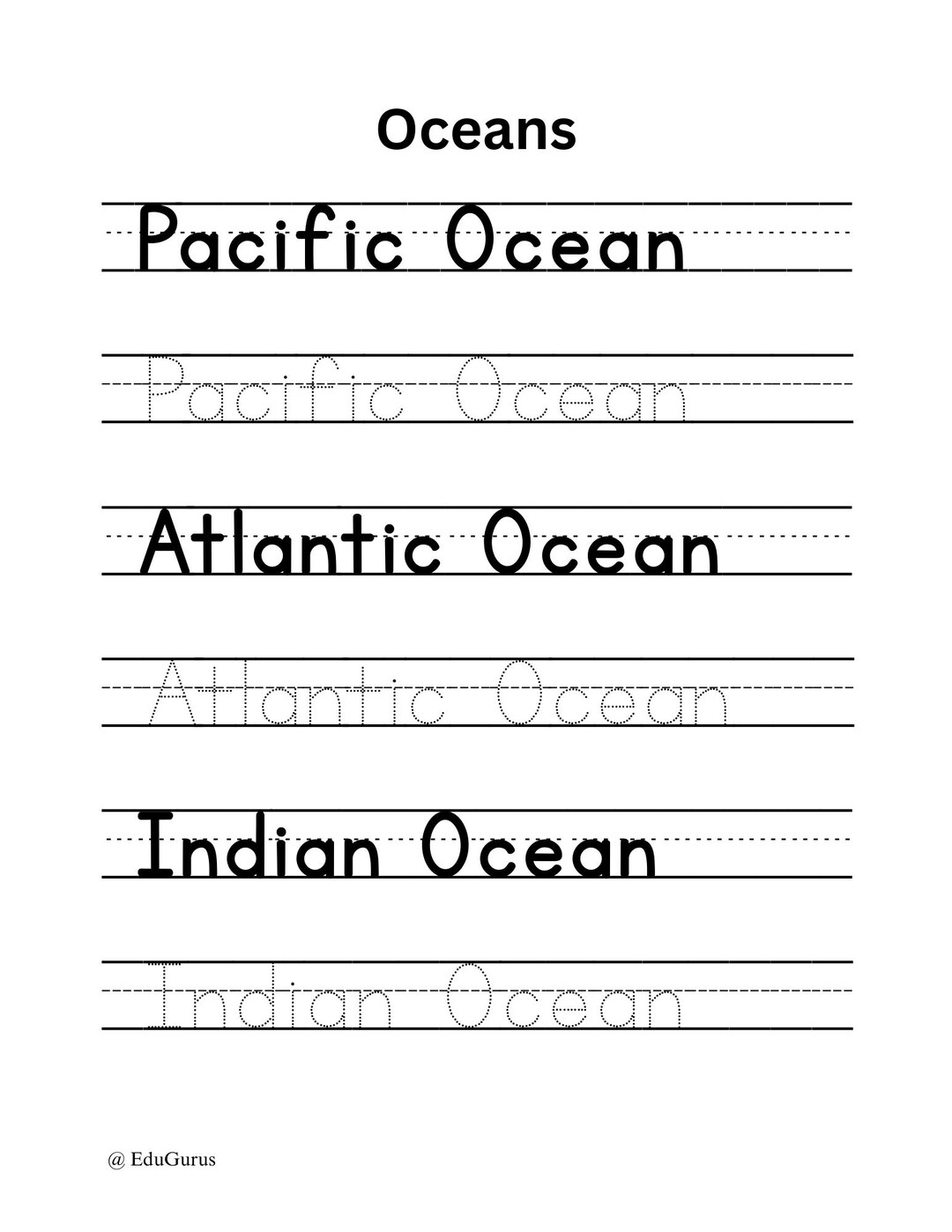 Ocean Names Writing Practice: Montessori-inspired Worksheets (PDF ...