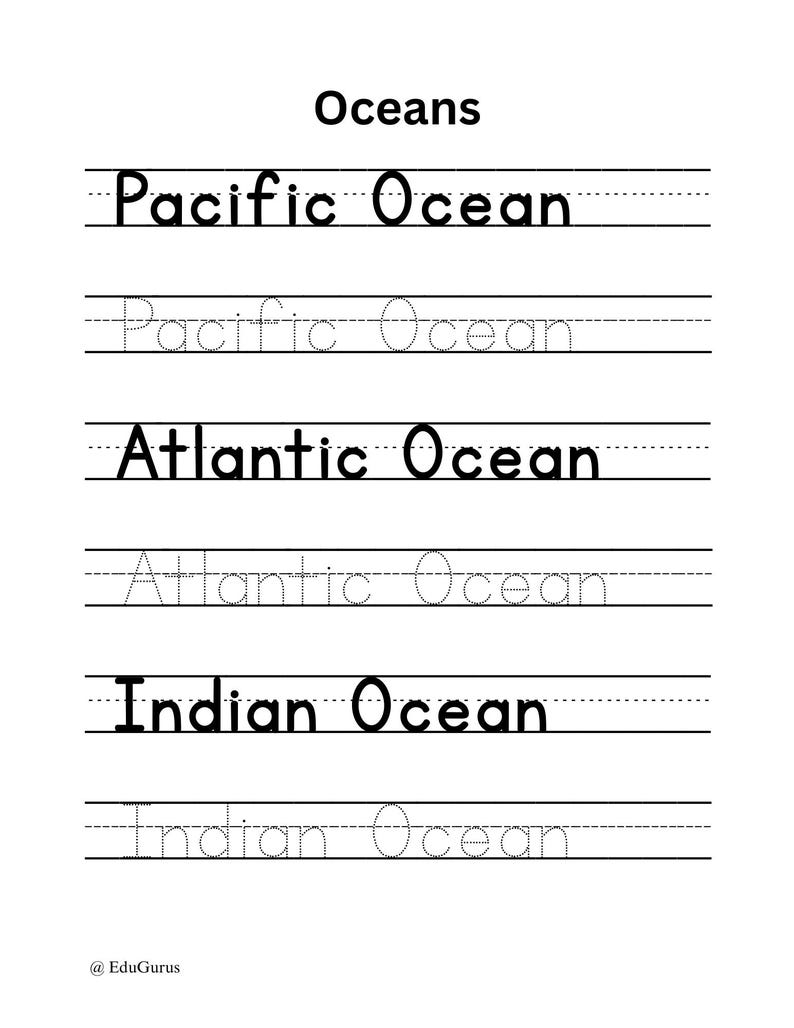 Ocean Names Writing Practice: Montessori-inspired Worksheets (PDF ...