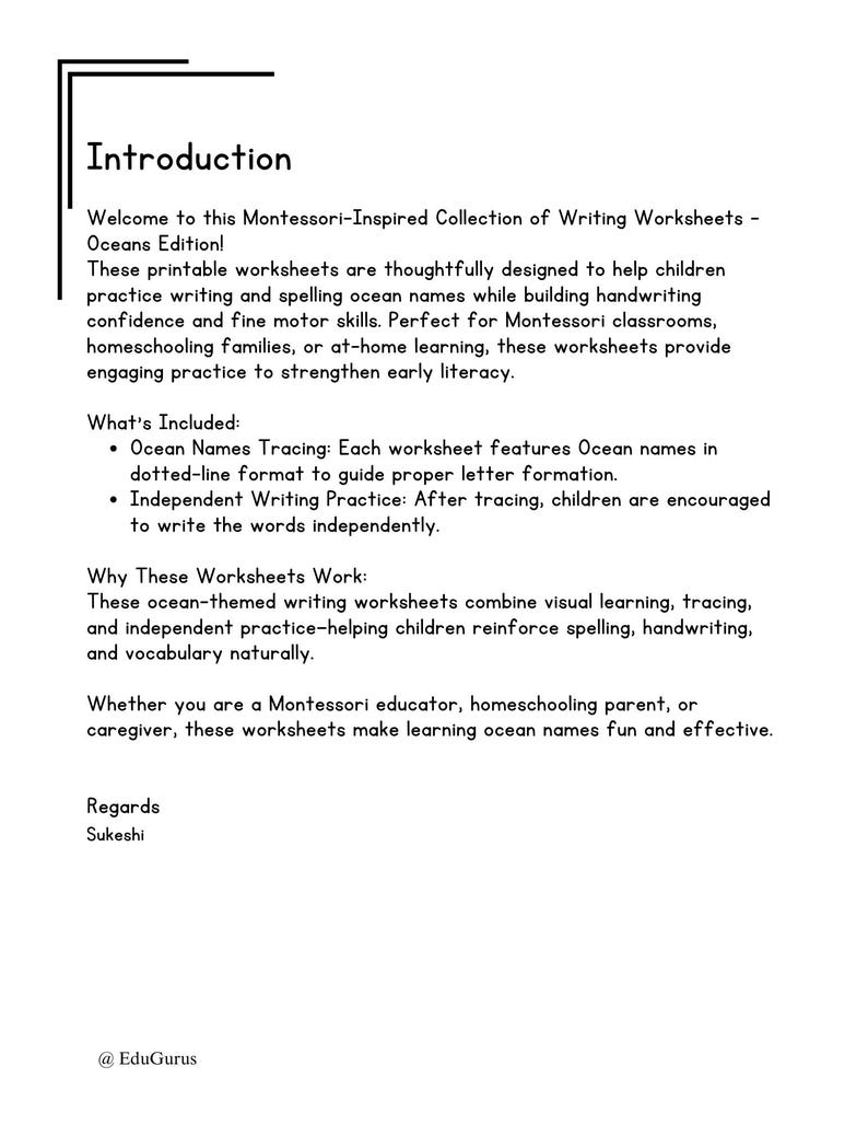 Ocean Names Writing Practice: Montessori-inspired Worksheets (PDF ...