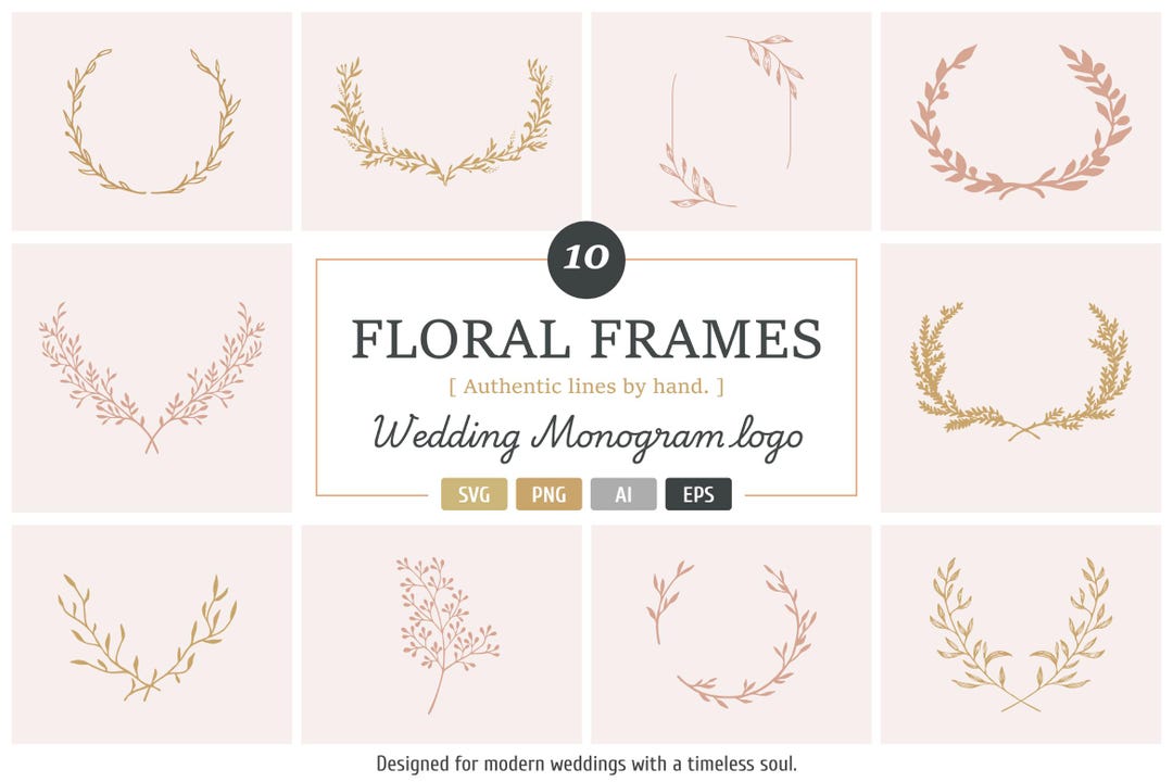10 Hand Drawn Floral Wedding Monogram Frames, Elegant Botanical Logo ...