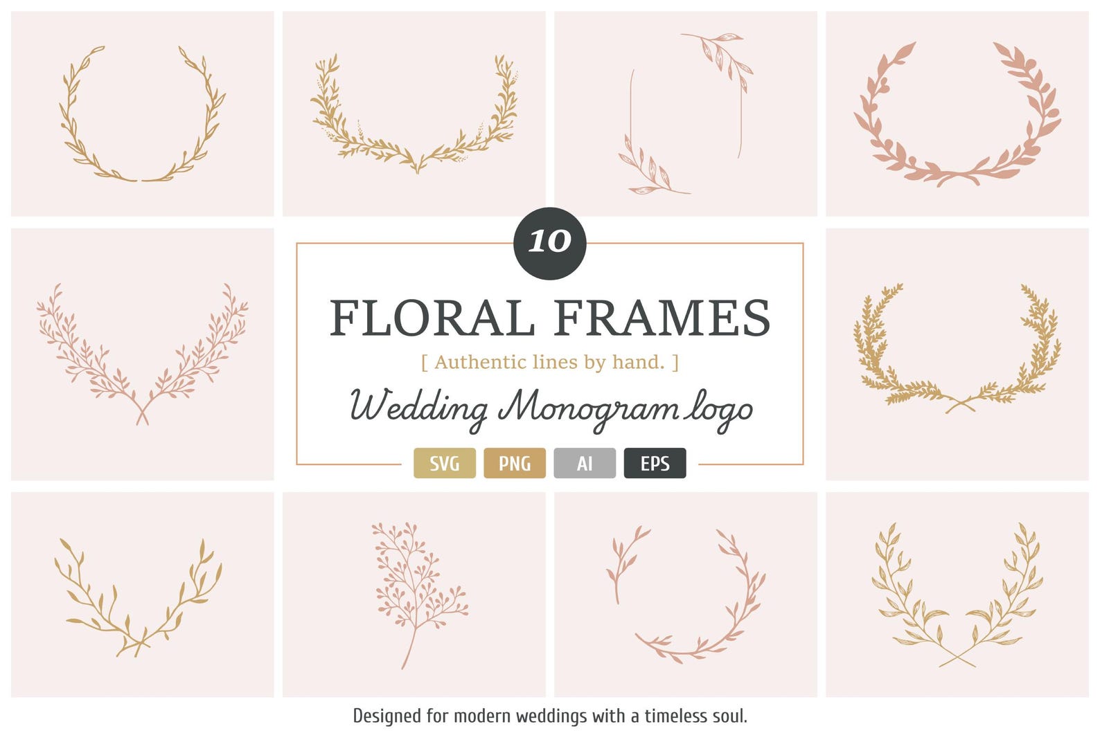 10 Hand Drawn Floral Wedding Monogram Frames, Elegant Botanical Logo ...