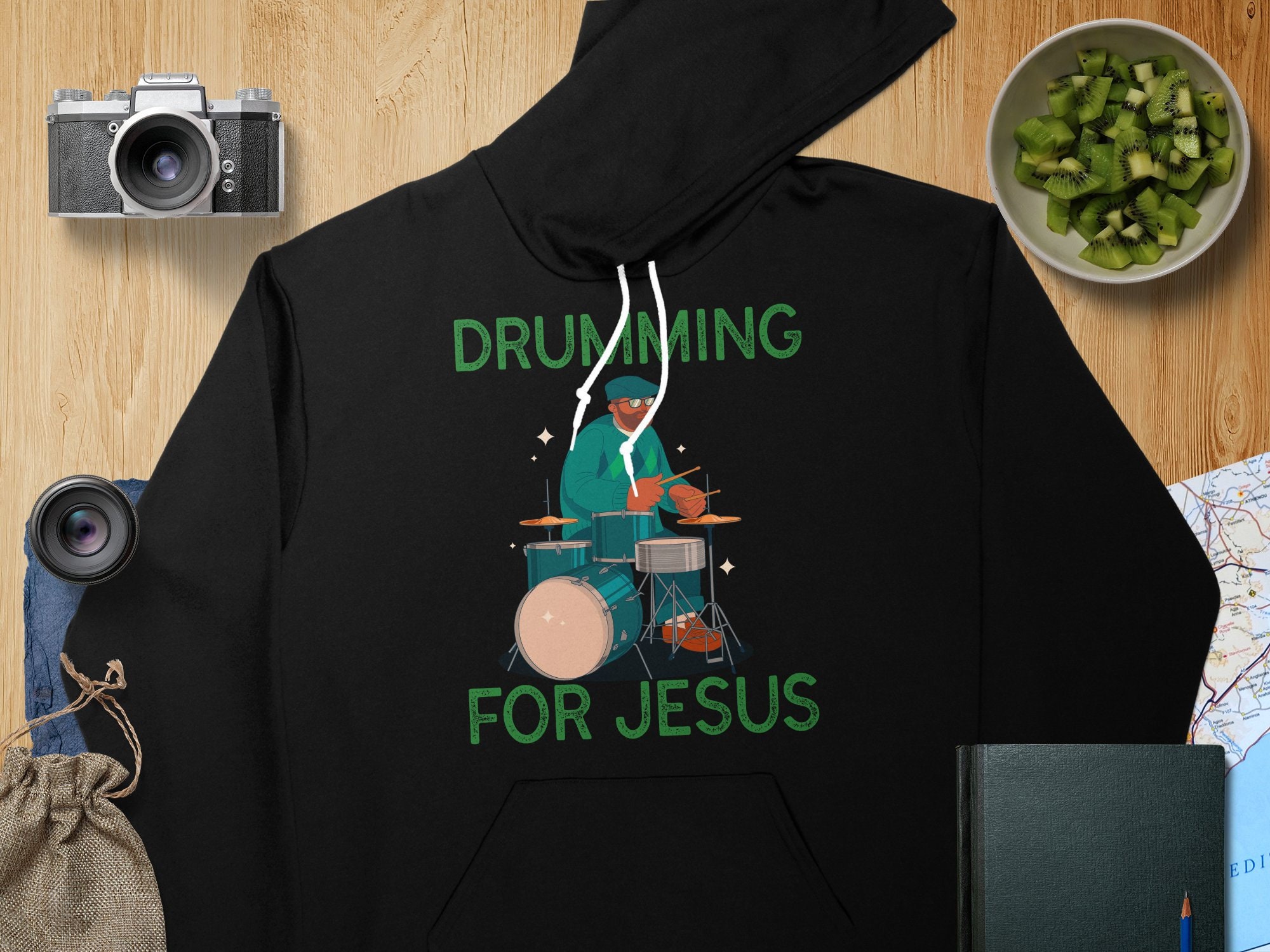 Drumming for Jesus Funky Drummer Hoodie, Green Text Musician Apparel ...