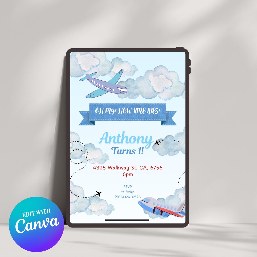 Airplane Birthday Party Invitation, Digital Invitation, Kids Birthday ...
