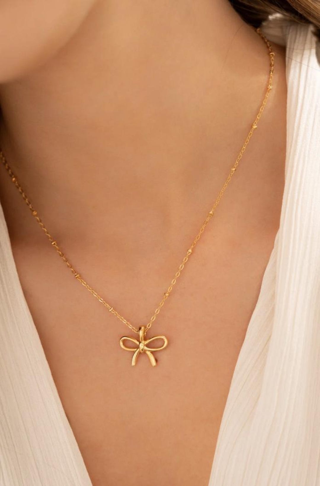 Dainty Bow Necklace: 24k Gold Plated Ribbon Pendant, Includes Earrings ...