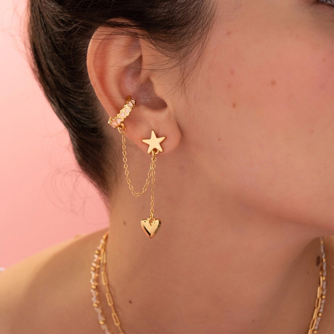 24K Gold Plated Earring Set. Pair of Star Stud Earrings With One Chain Heart Ear Cuff. Ear Wrap ...