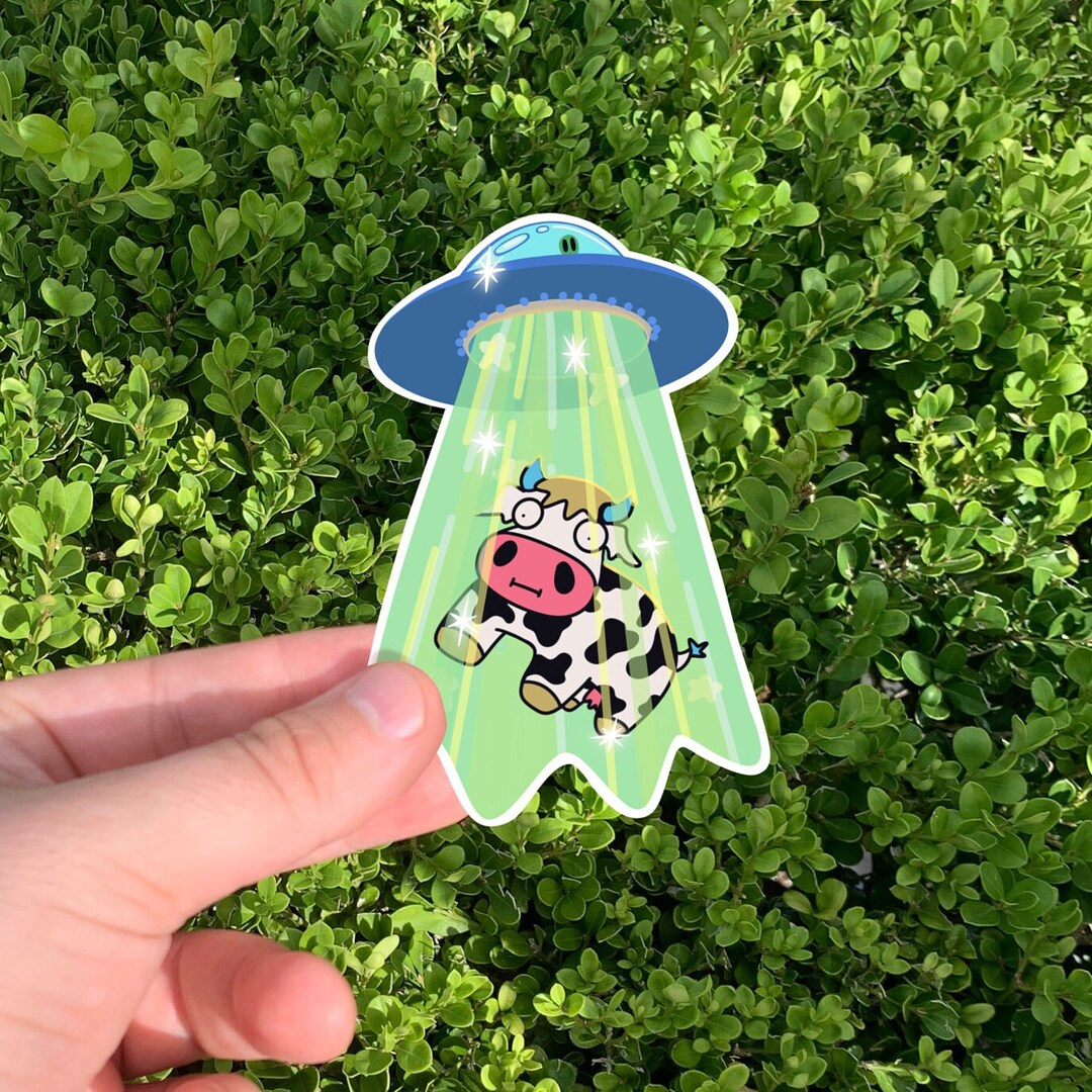 Whimsical UFO Alien Abduction: Adorable Cow Green Sticker Set - Vinyl ...