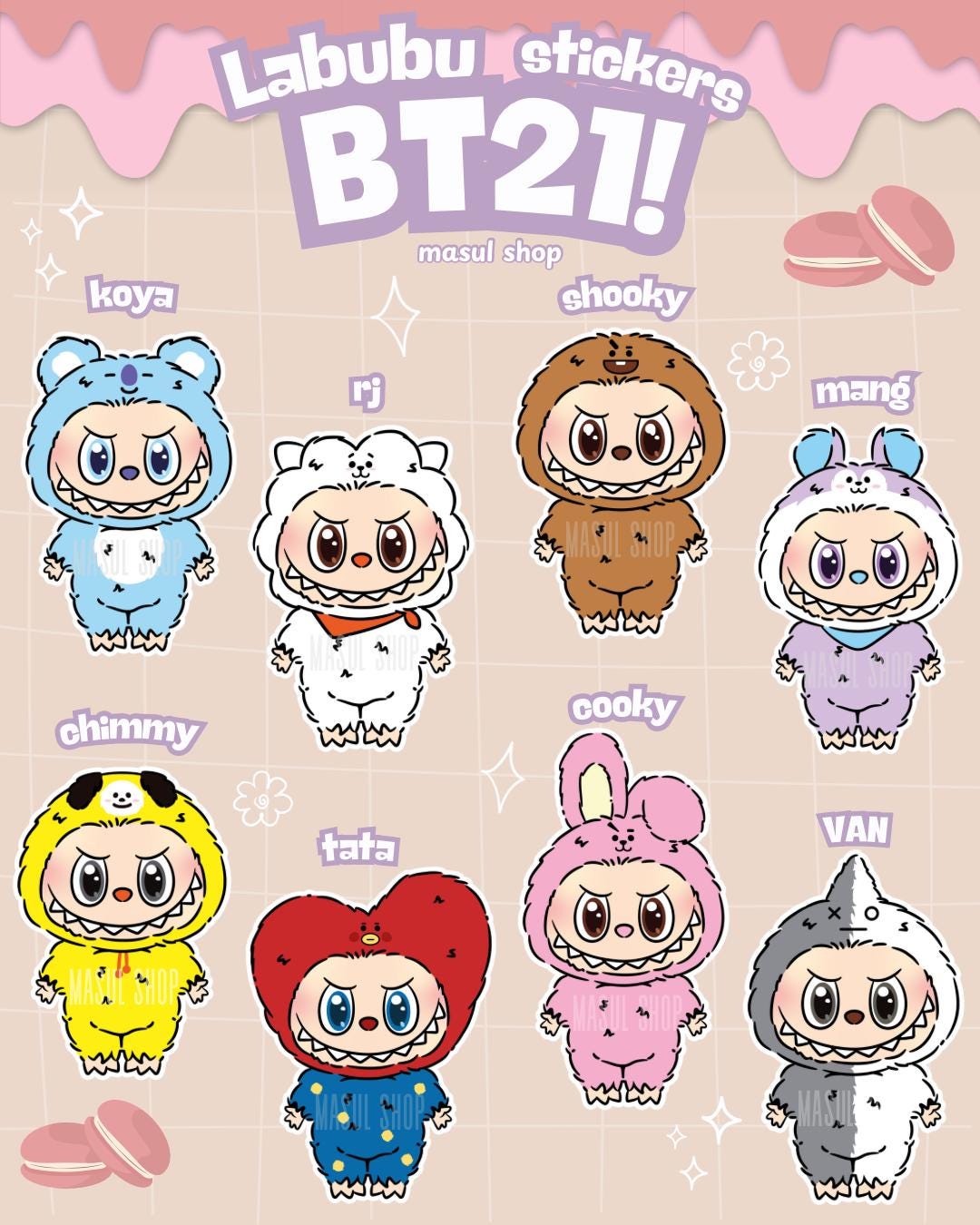 BT21 Labubu Sticker, Koya RJ Shooky Mang Chimmy Tata Cooky Waterproof Sticker, Masul Shop ...