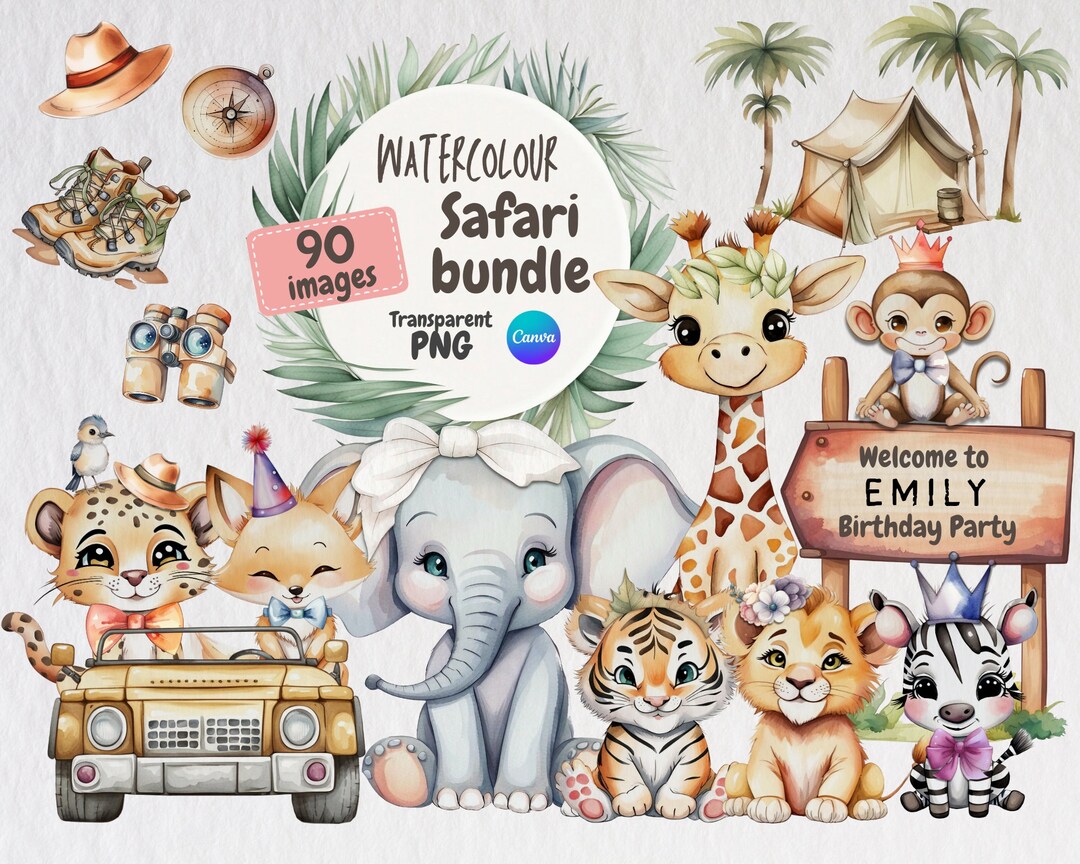 Safari Watercolor Clipart Bundle: Elephant, Lion, Tiger, Giraffe ...