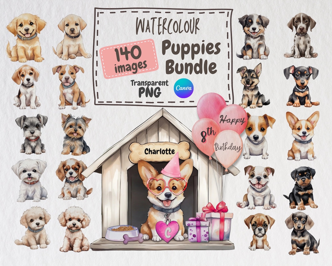 Puppies Watercolor Clipart Bundle: Doggie Portrait, Puppy, Doggie, Baby ...