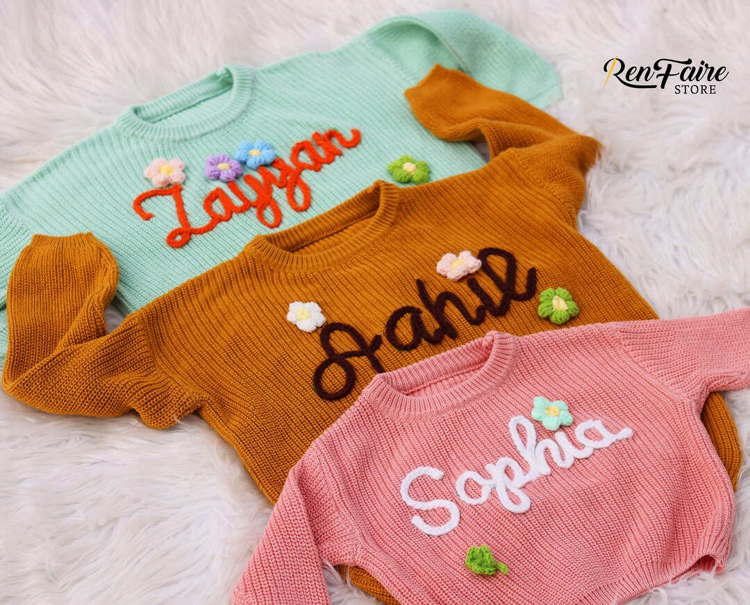 Custom Baby Name Sweatshirt, Personalized Hand Embroidered New Baby ...
