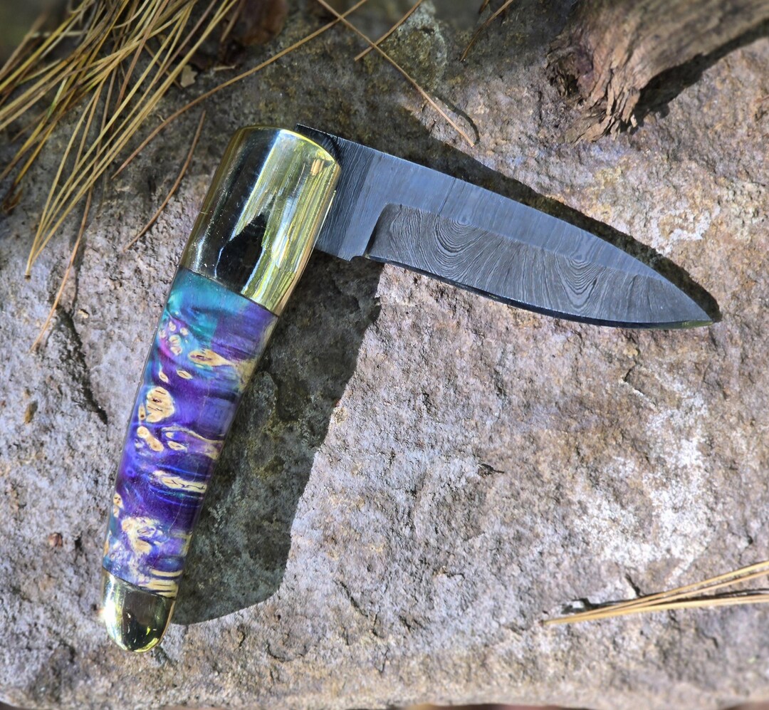 Midi Water Lilly Karelian Birch Damascus Steel Folding Knife (2) - Etsy
