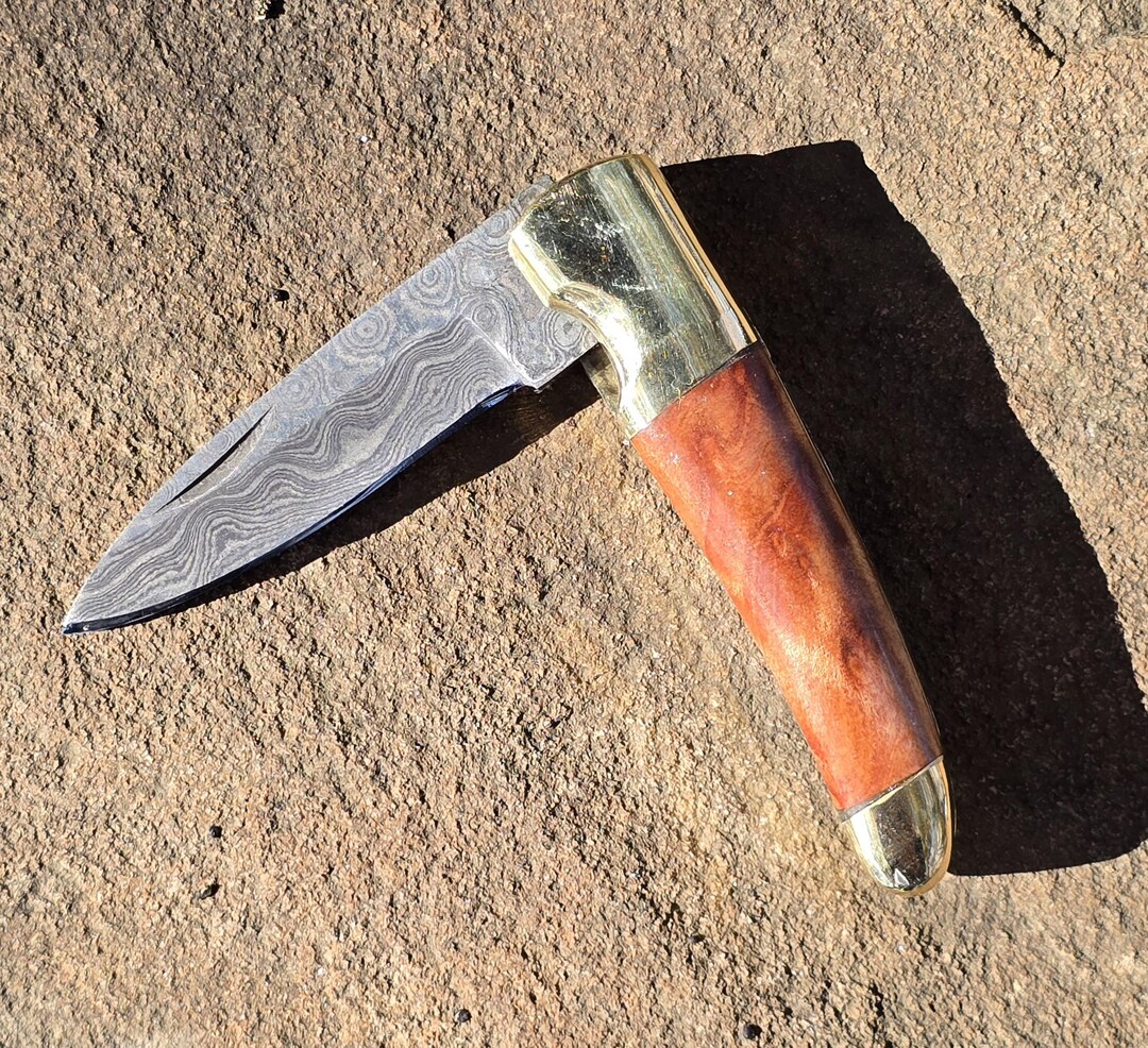 Midi Redwood Damascus Steel Folding Knife - Etsy