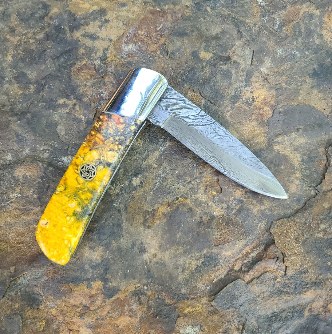 Flame Karelian Birch Feather Damascus Folding Knife - Etsy