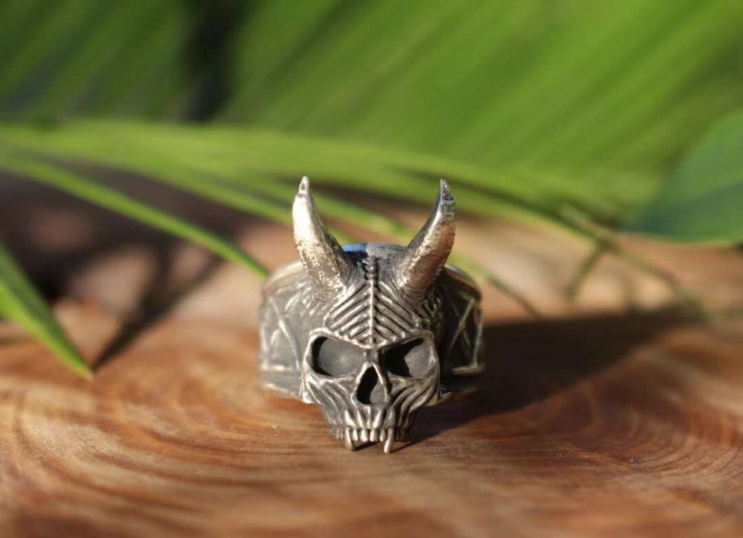 Double Horned Skull Ring, 925 Sterling Silver Devil's Skull Ring ...