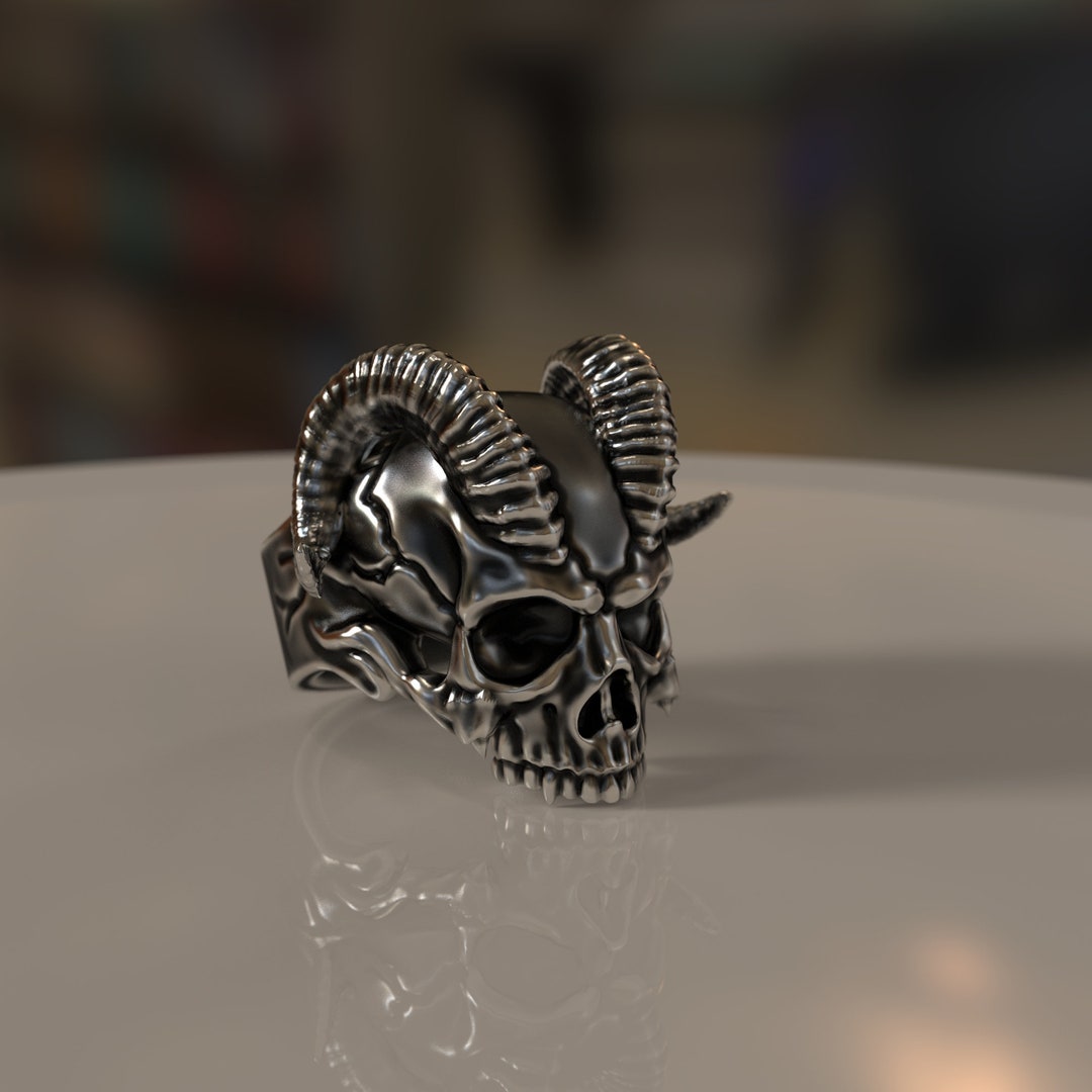 Heavy Ram Horn Skull Ring, Heavy Skull Ring in 925 Sterling Silver, Music Festival Ring, Unisex ...