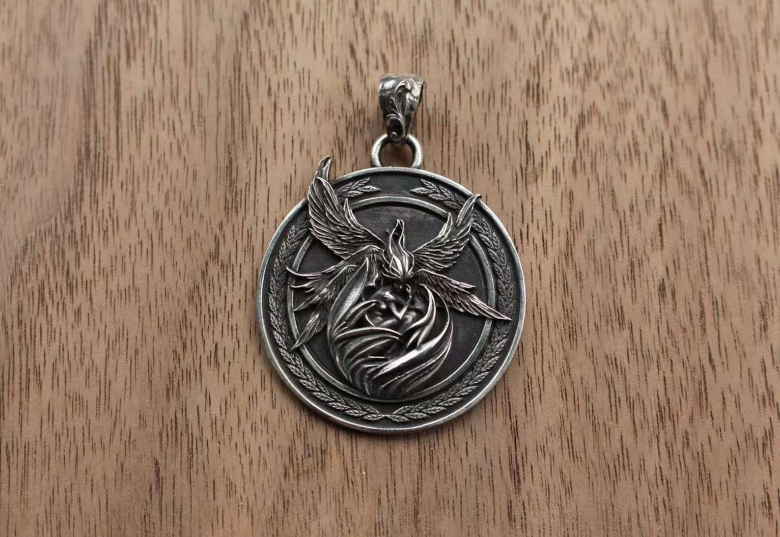 Seraph Round Pendant, 925 Sterling Silver Carved Seraphim Angel ...