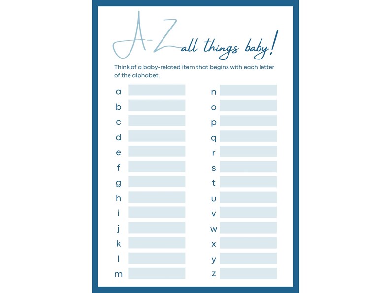 A-Z All Things Baby Shower Game Instant Download Printable - Etsy Australia