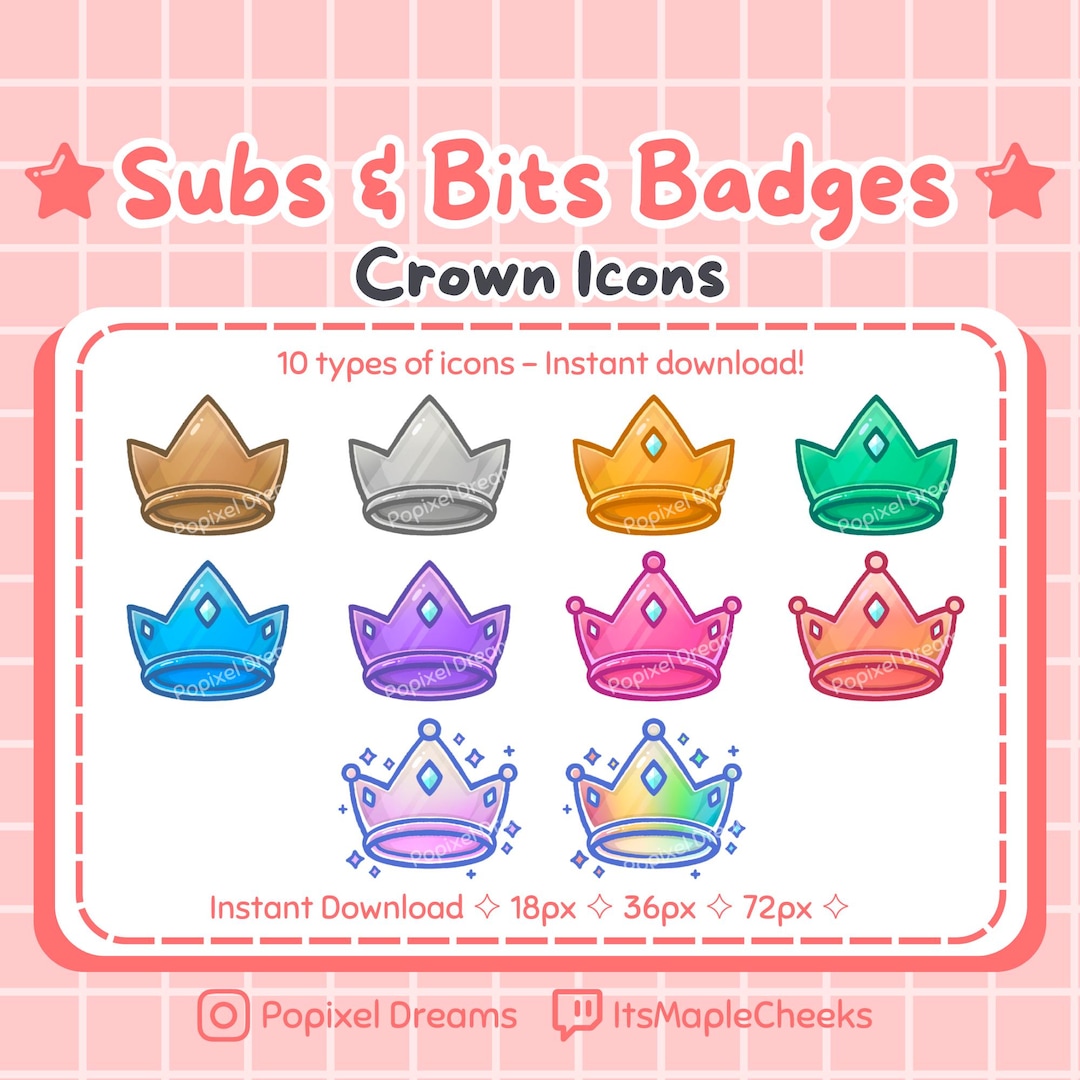 Cute Crown Twitch Sub Badges | Royalty Stream Bits Badges Icon (digital ...
