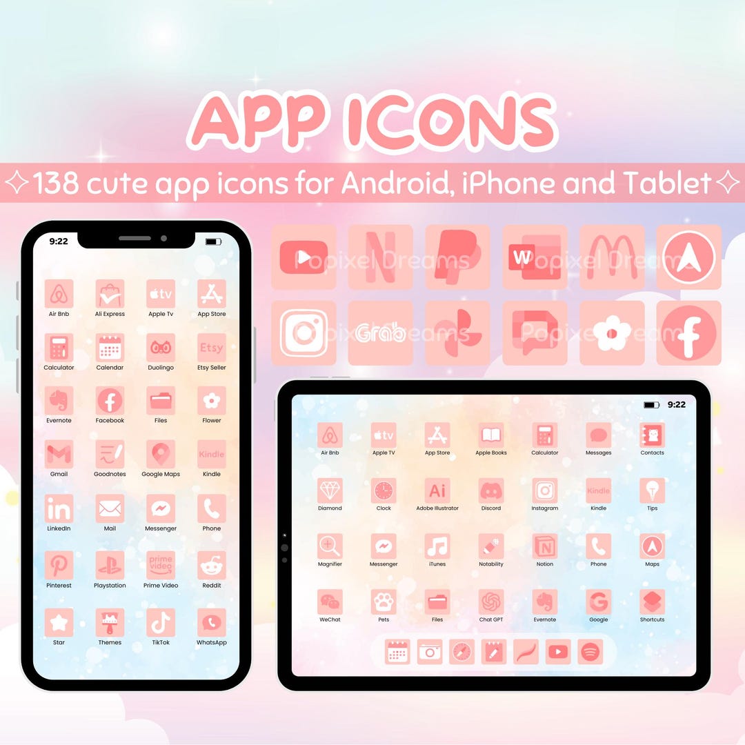 Cute Pink App Icons for Ios, Android, Tablet and iPad | Pastel Pink App ...