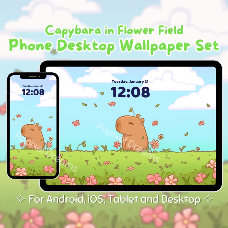 Cute Capybara Wallpaper, Kawaii Capybada in Flower Field (digital ...