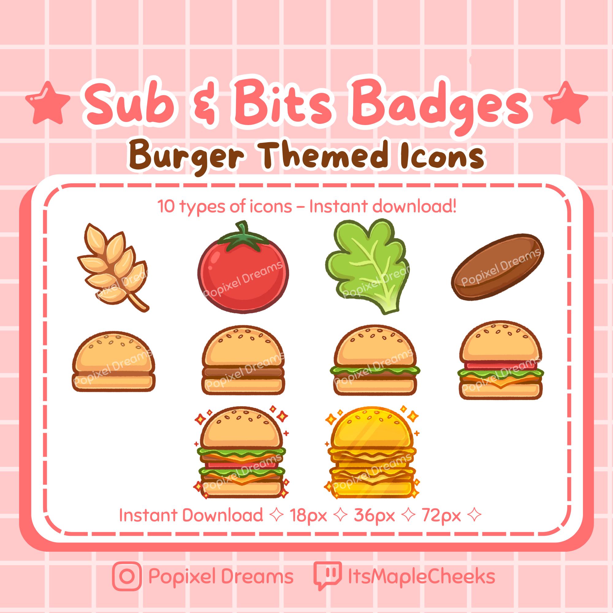 Twitch Burger Sub Badges and Bits Badges | Cute Burger Fast Food ...