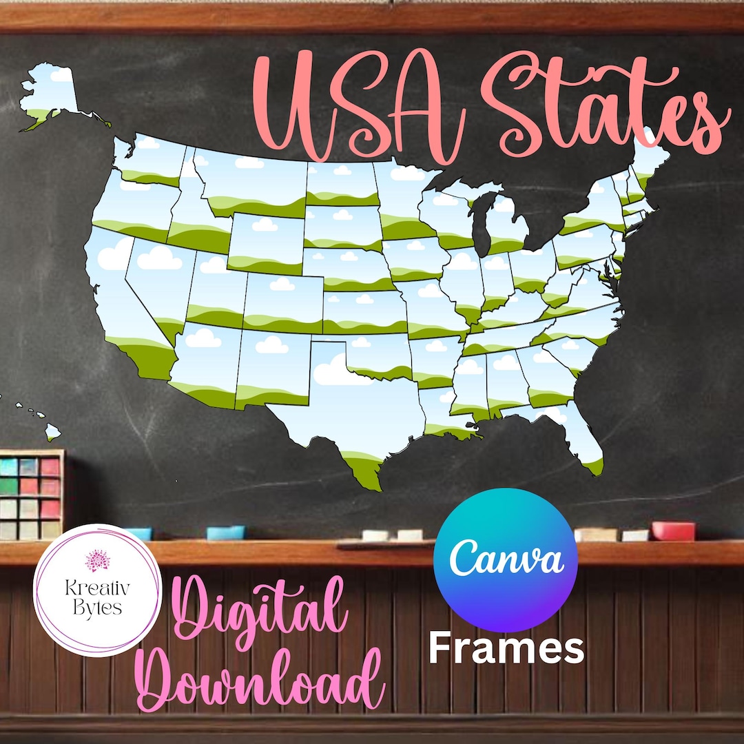 USA MAP Canva Frame Template - 50 States, Easy Drag and Drop Customize ...