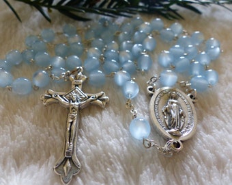 Catholic Swarovski Iridescent Light Blue Crystal Pearl Rosary in Gold ...