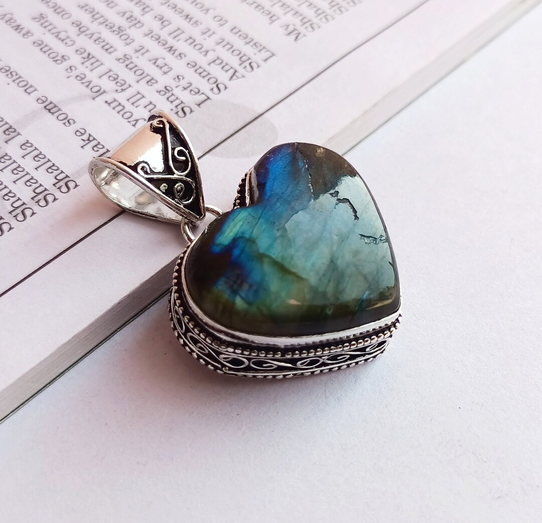 Flashy Heart Shape Labradorite Unique Pendant Necklacehandmade Sterling ...