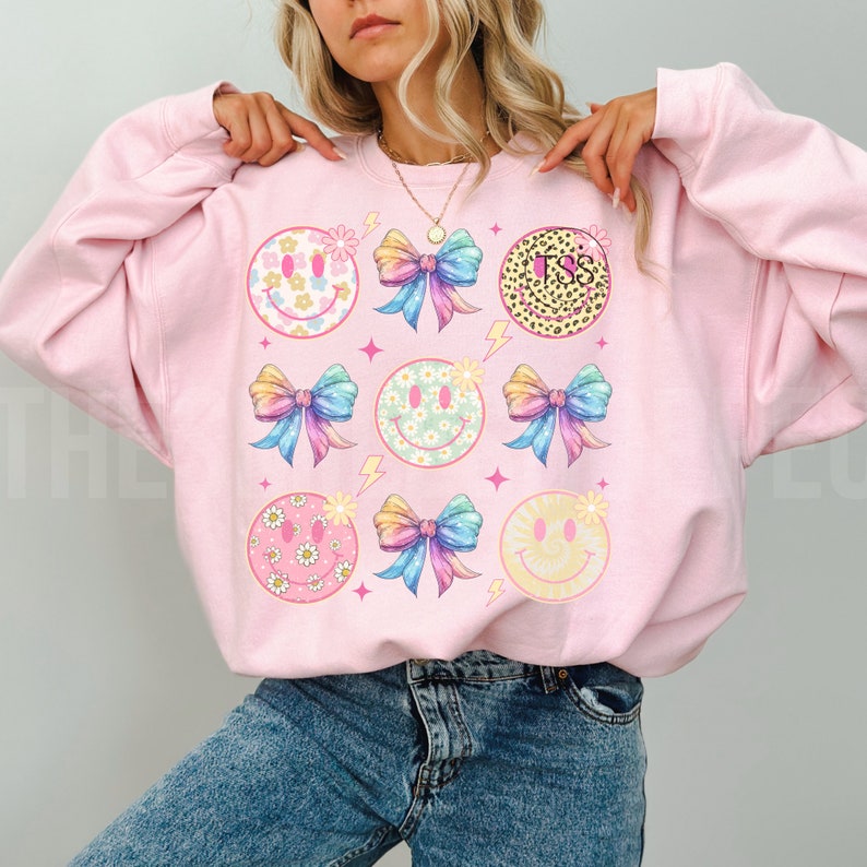 Trendy Bows & Distressed Smile Face PNG: Girly Sublimation Design ...