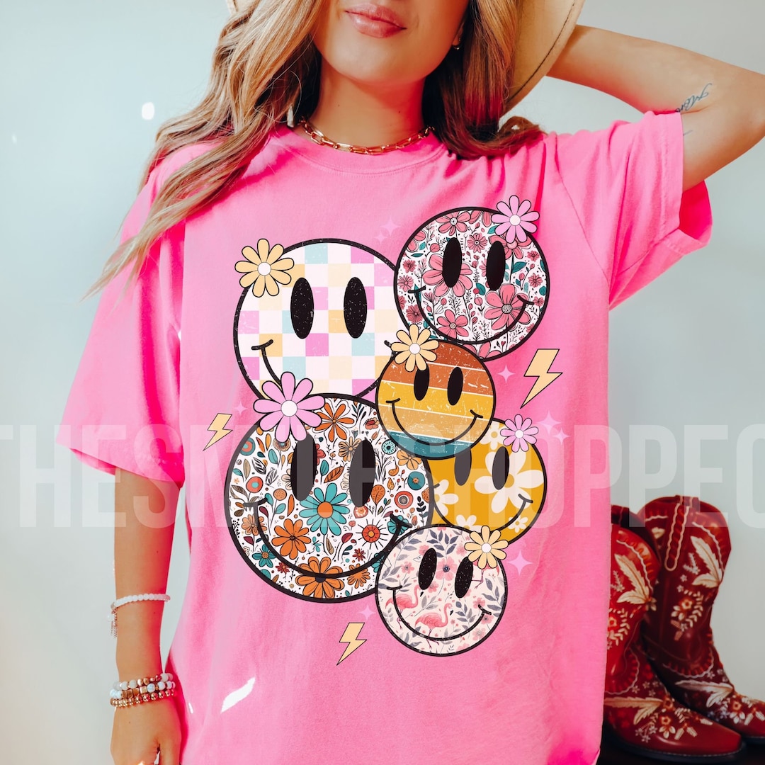Retro Happy Flower Smile Face PNG: Vintage Sublimation Design (digital ...