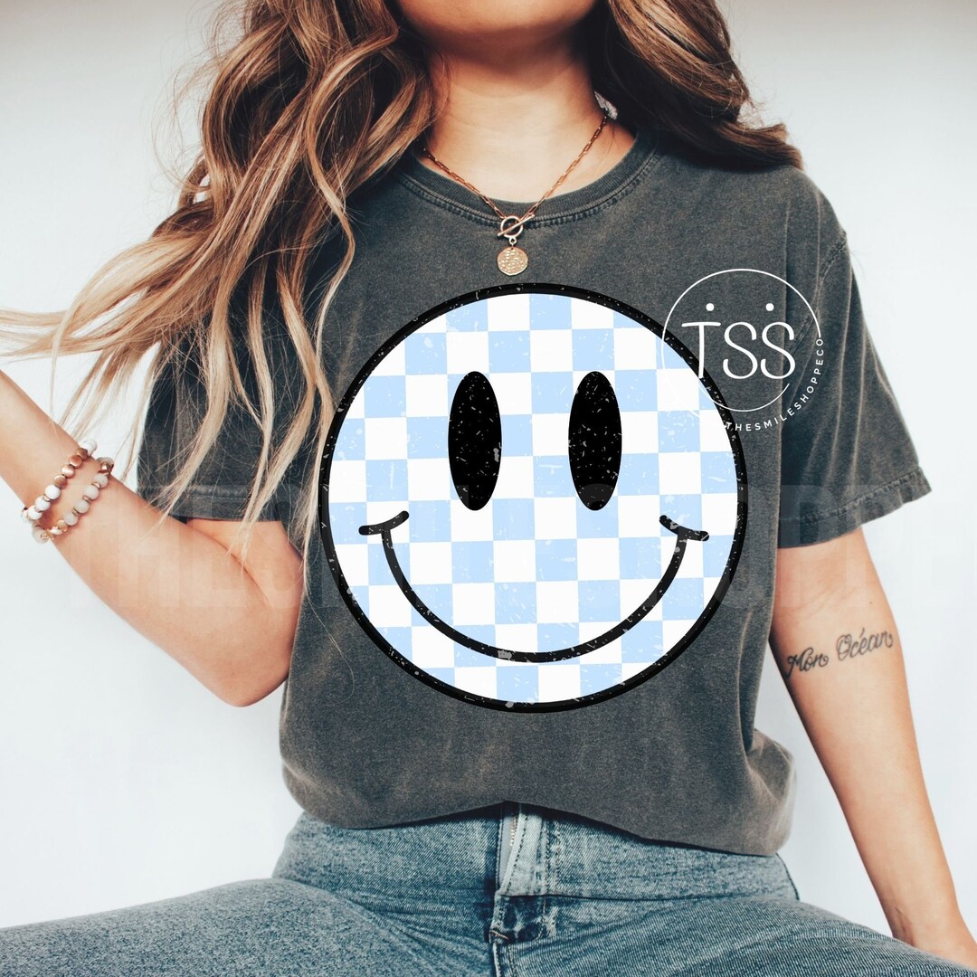 Retro Checkered Smile Face Png Blue Checkers Smile Distressed Smile ...