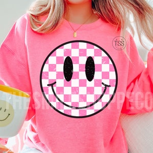 Retro Pink Checkered Smile Face PNG: Distressed Sublimation Design ...