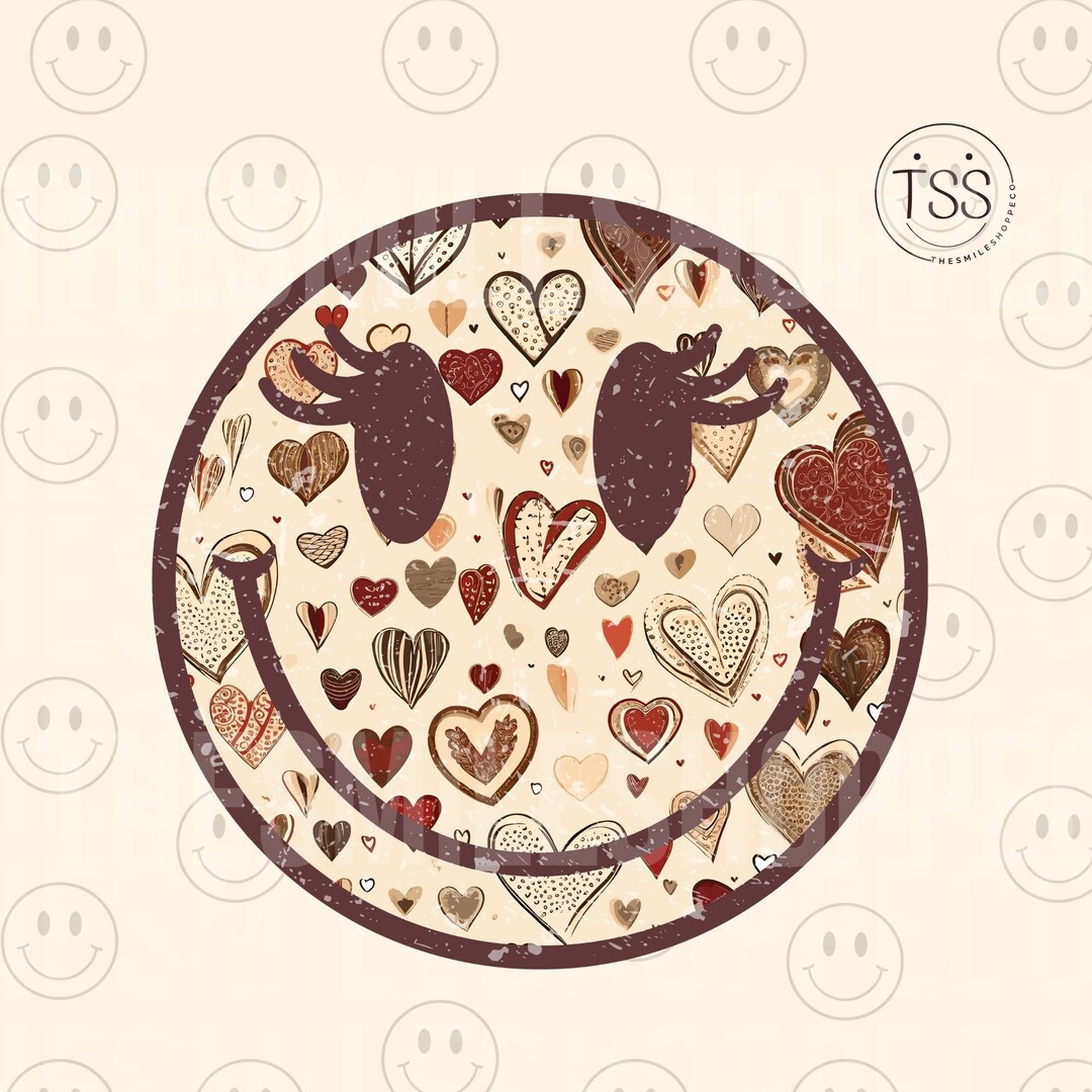 Retro Valentine Smile Face PNG: Distressed Heart Eyes Design (digital ...
