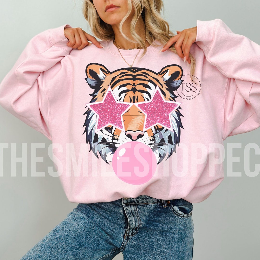 Preppy Tiger Blowing Bubble PNG: Pink Glitter Star Mascot (digital ...