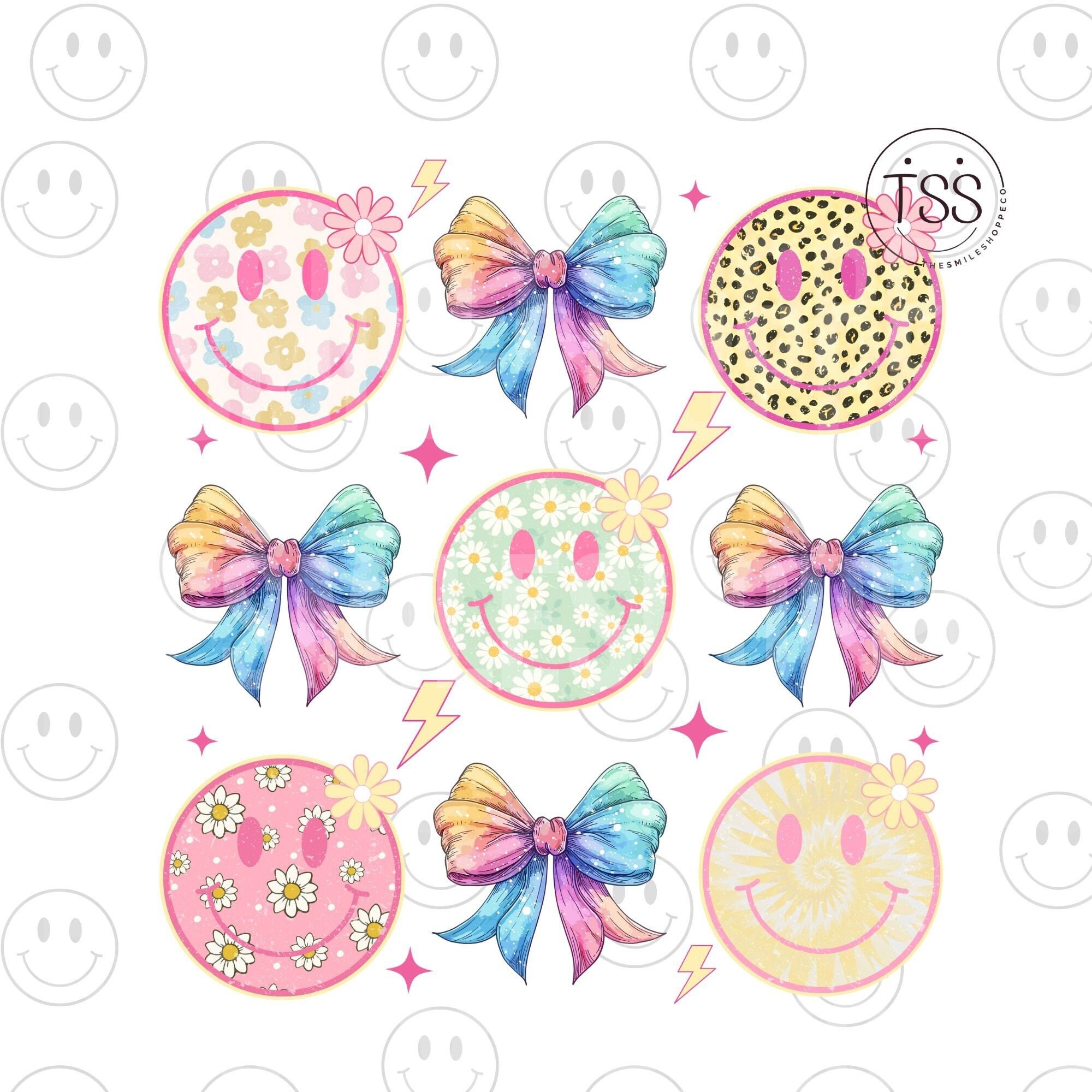 Trendy Bows & Distressed Smile Face PNG: Girly Sublimation Design ...