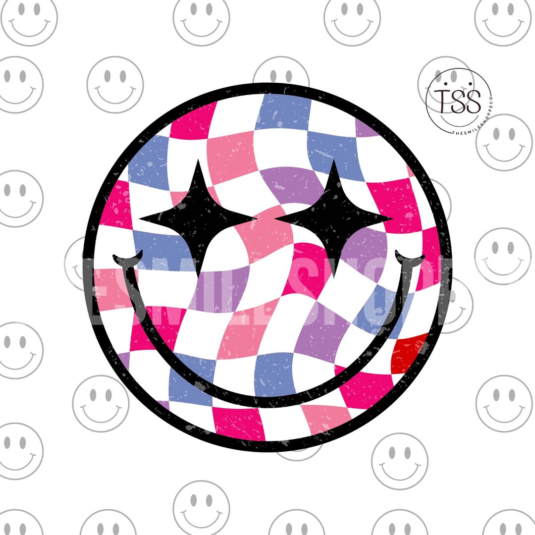 Retro Checkered Smile Face Star Eyes Png Distressed Smile Face Checker ...