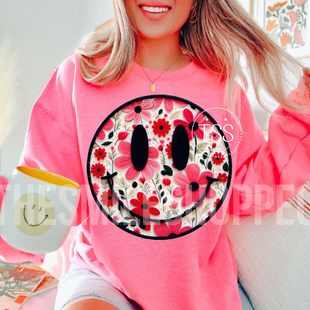 Retro Happy Flower Smile PNG: Vintage Embroidery Sublimation Design ...