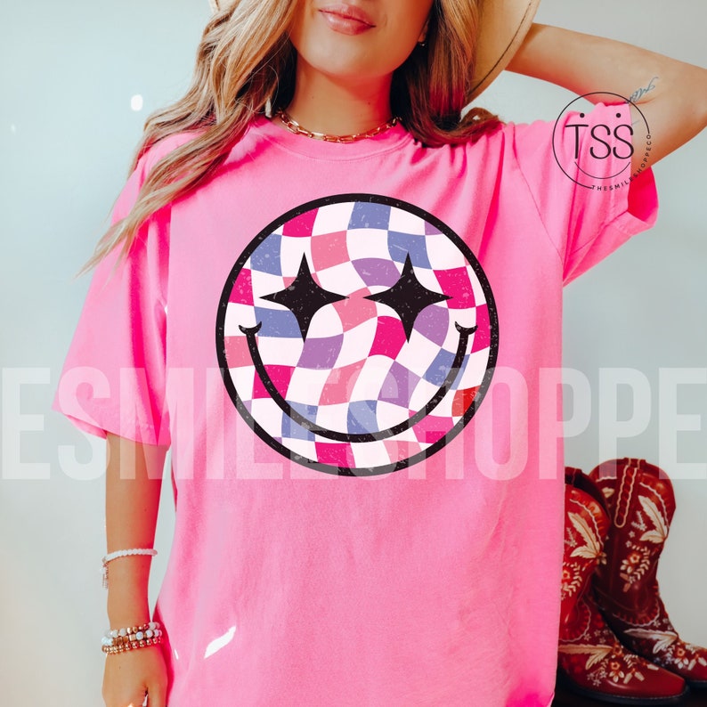 Retro Checkered Smile Face Star Eyes Png Distressed Smile Face - Etsy