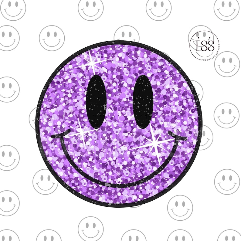 Purple Glitter Smile Face PNG: Preppy Sublimation Design (digital ...
